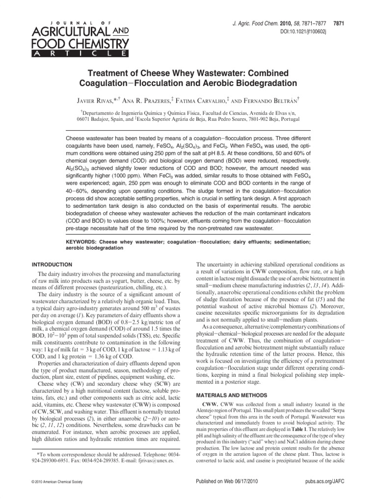 Treatment of Cheese Whey Wastewater Combined | PDF | Sewage Treatment ...
