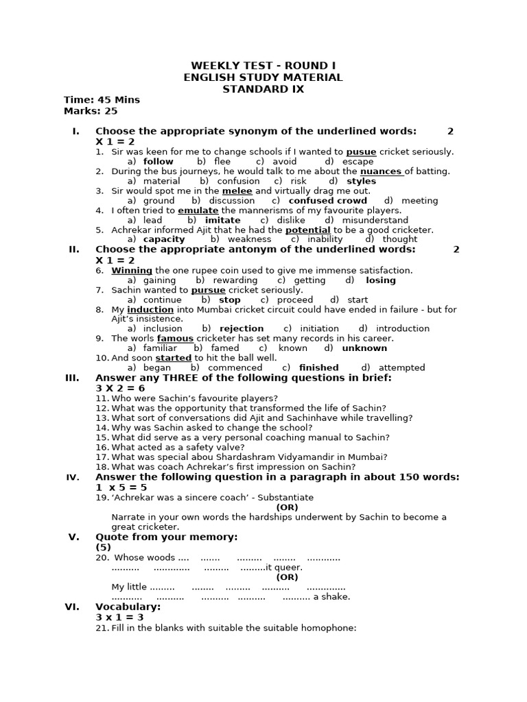 Weekly English Test for IX Grade Students | PDF