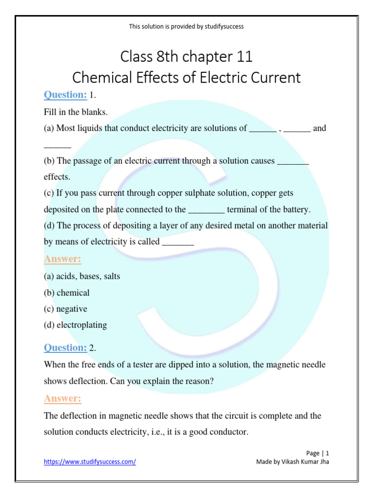 Class 8th Chapter 11 Chemical Effects of Electric Current | PDF | Water | Electric Current