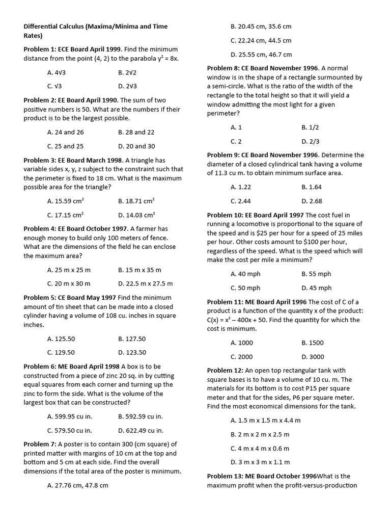 Differential Calculus (Maxima Minima and Time Rates) | PDF ...