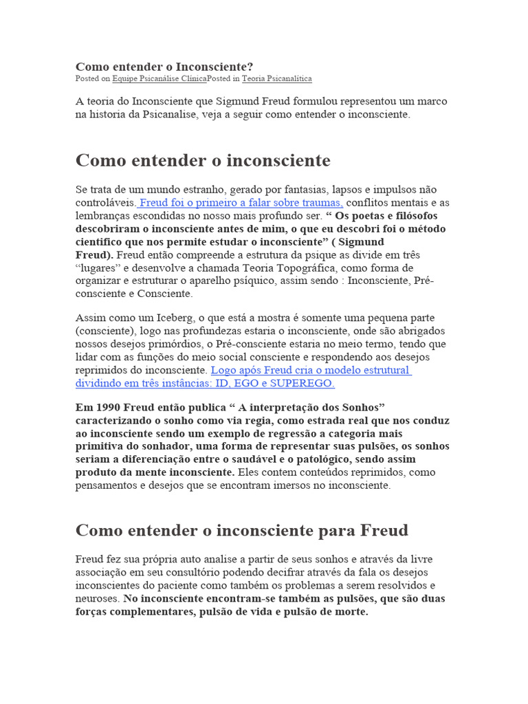 Como Entender o Inconsciente | PDF | Mente inconsciente | Sigmund Freud
