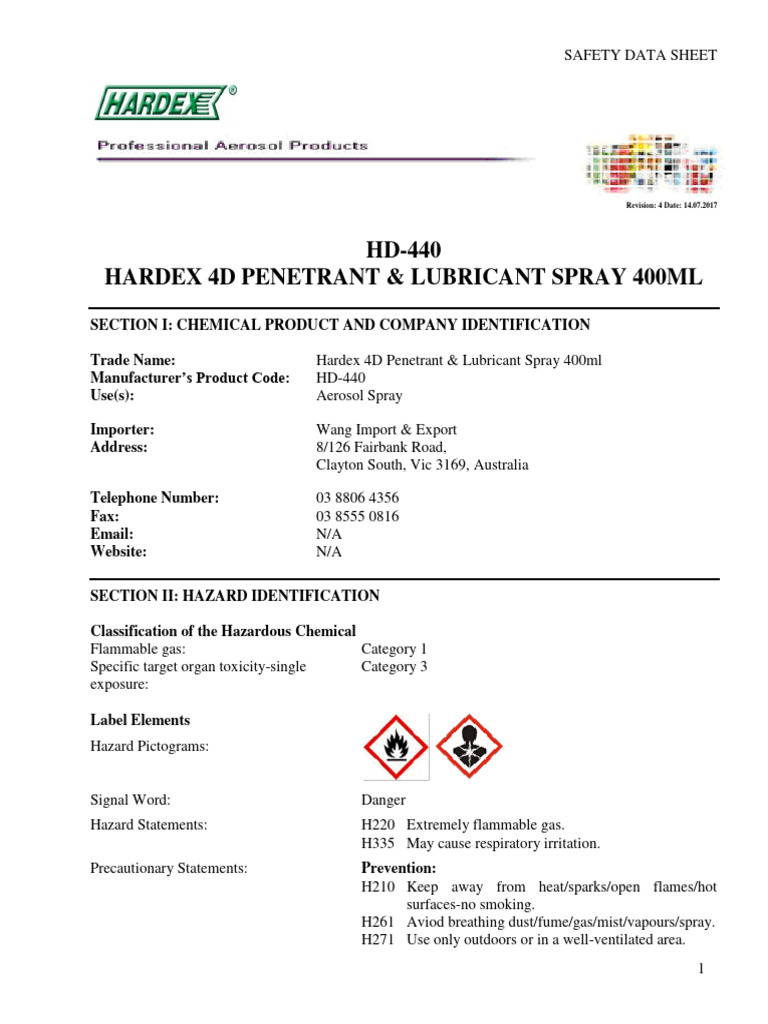 Hardex 4D Lubricant Spray SDS | PDF | Hazards | Occupational Safety And ...