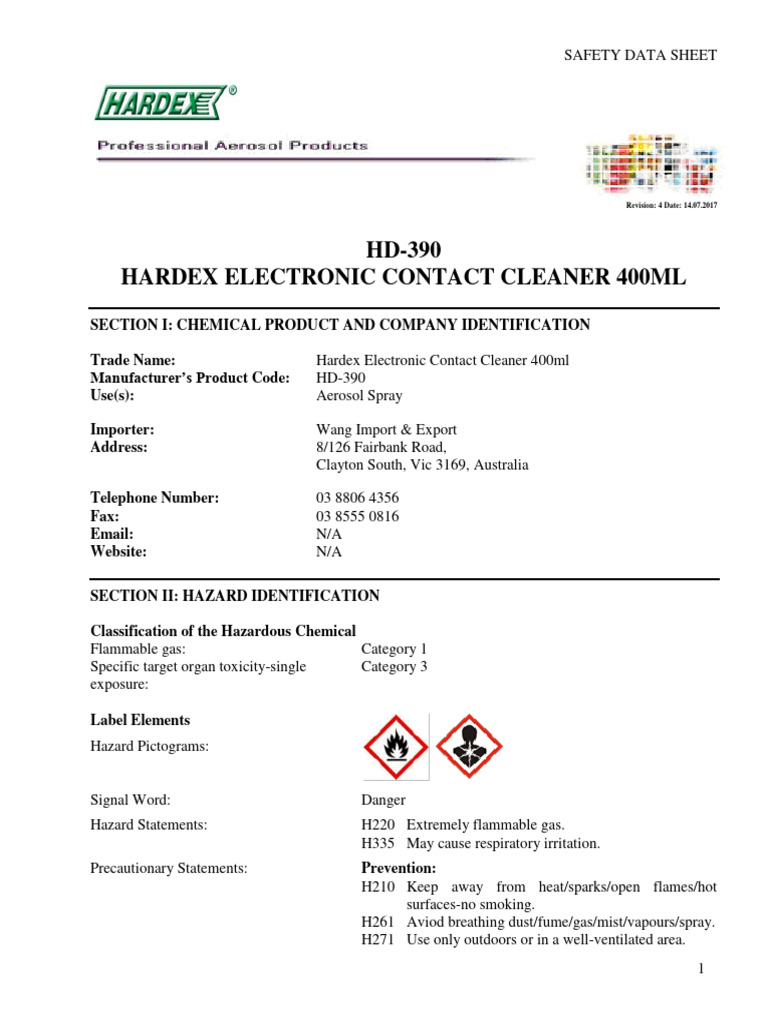 SDS-HD-390 - Hardex Electronic Contact Cleaner | PDF | Volatile Organic ...