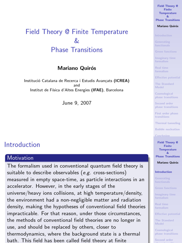 Field Theory at Finite Temperature & Phase Transitions: Mariano Quir Os | PDF | Temperature | Heat