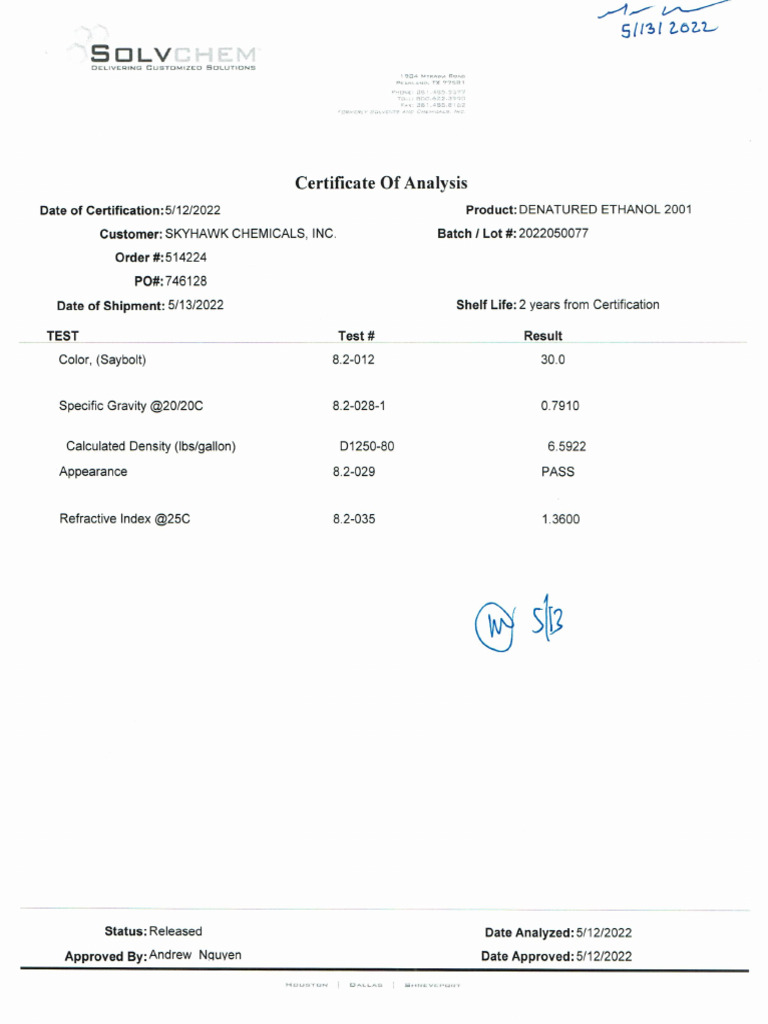 Ethanol CofA QR1719 | PDF