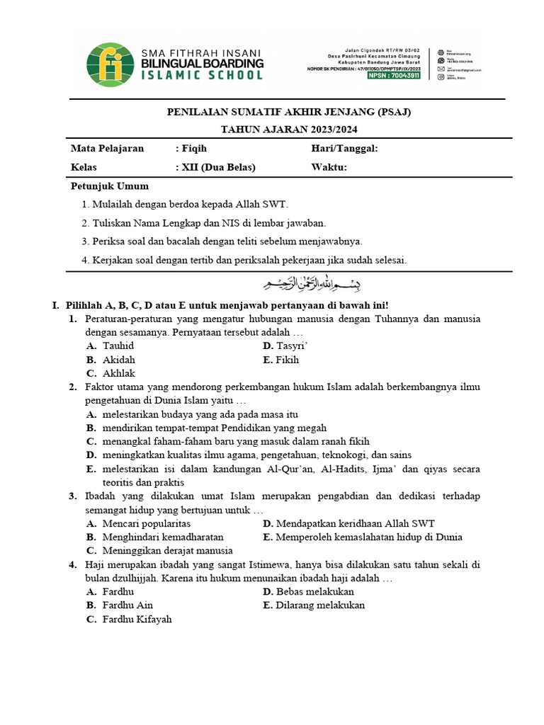 Ujian Fiqih Kelas XII | PDF | Sejarah | Agama & Spiritualitas