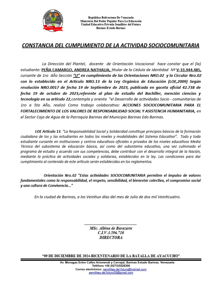 Constancia Actividad Sociocomunitaria | PDF | Venezuela | Educación primaria