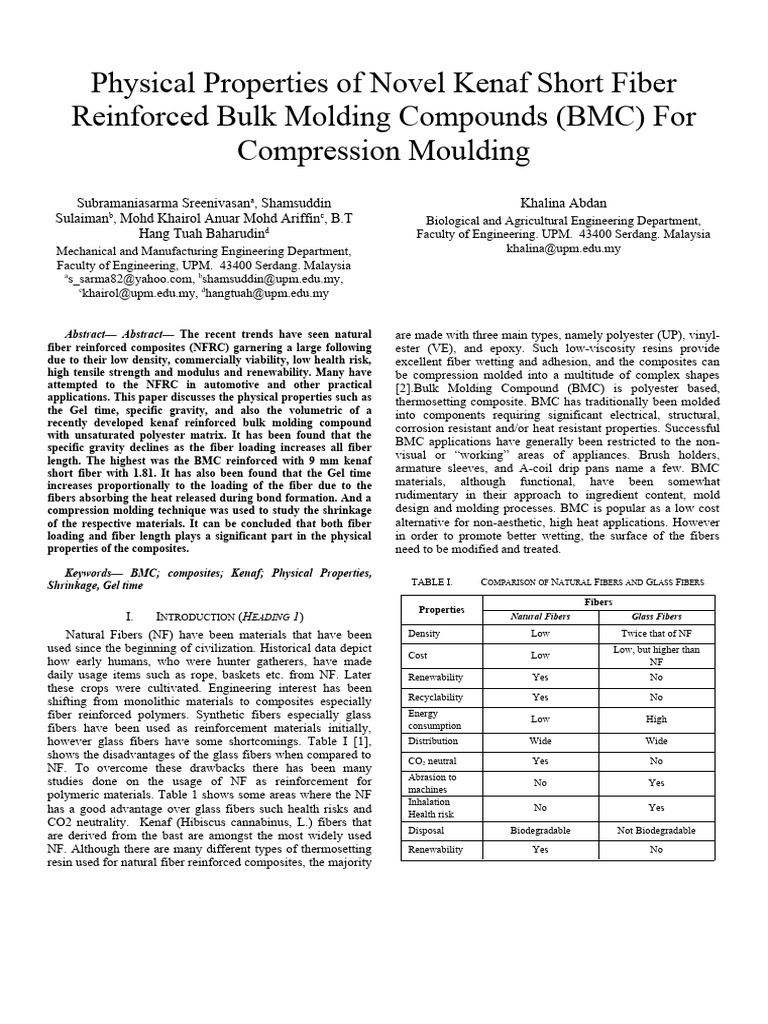 47 Physical Propertiesof Novel Kenaf Short Fiber Reinforced Bulk Molding Compounds Bmcfor