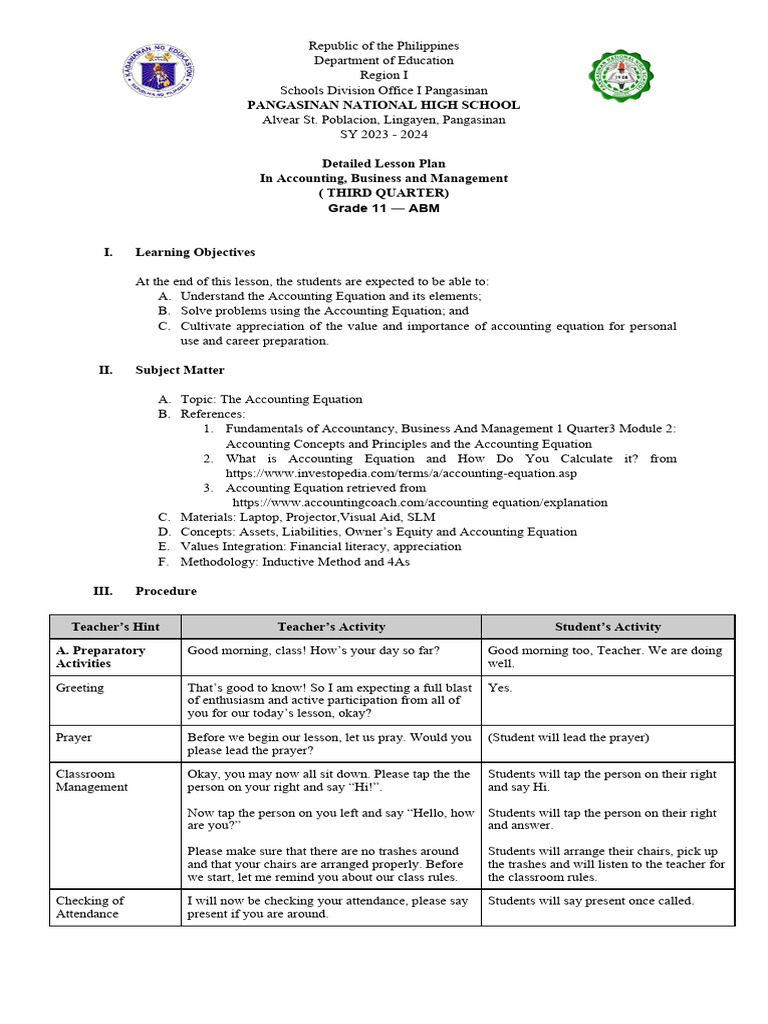 Grade 11 ABM Accounting Equation Lesson Plan | PDF | Equity (Finance ...