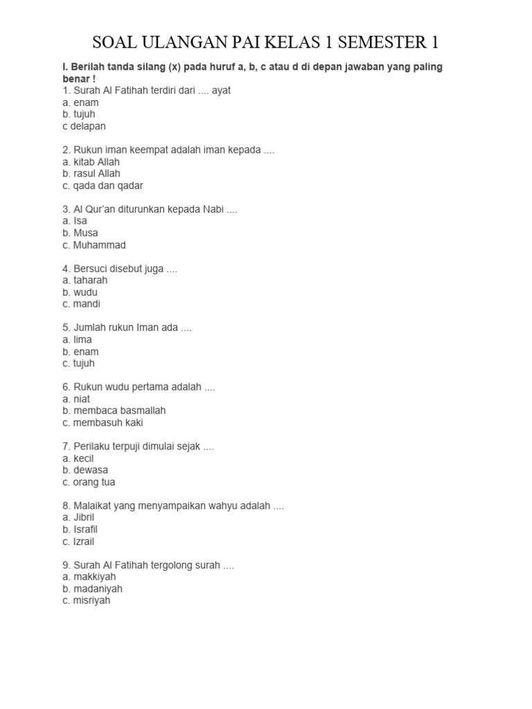 Soal Ulangan Pai Kelas 1 Semester 1 | PDF
