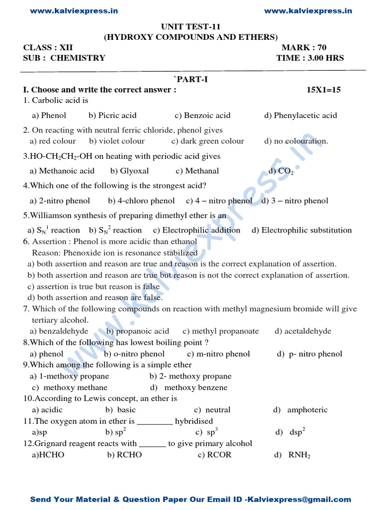 12th Chemistry Unit Test Question Paper - Test No 11 Hydroxy Compounds ...