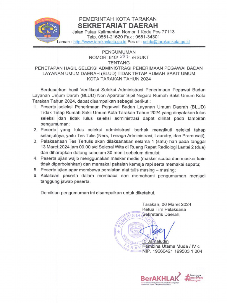 Pengumuman Hasil Seleksi Administrasi Penerimaan Tahun 2024 | PDF