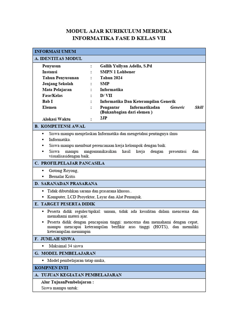 Modul Ajar Informatika Kelas 7 | PDF | Karier & Perkembangan | Seni