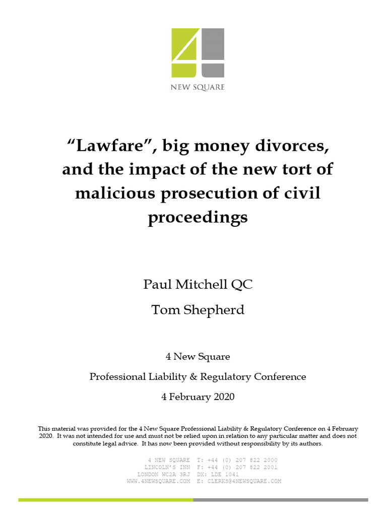 Lawfare The New Tort of Malicious Prosecution of Civil Proceedings 4 ...