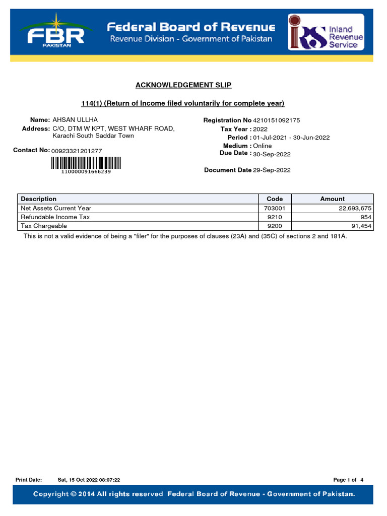 Declaration I.tax Return 2022 Ahsan Ullah KPT | PDF | Taxes | Income