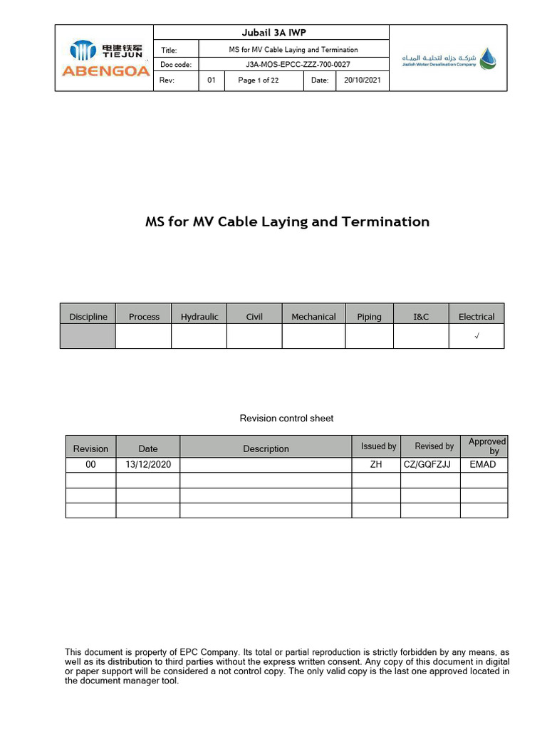 J3A-MOS-EPCC-ZZZ-700-0027 - Rev01 - MS For MV Cable Laying and Termination | PDF | Risk ...