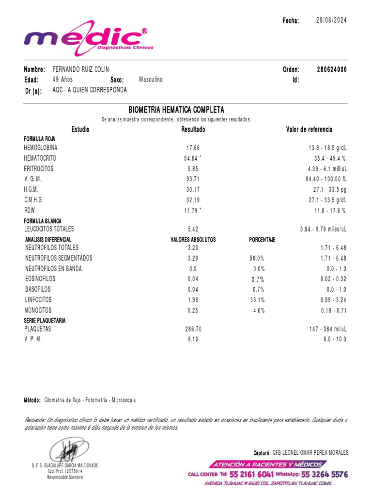 Biometria Hematica Completa: Fecha | PDF
