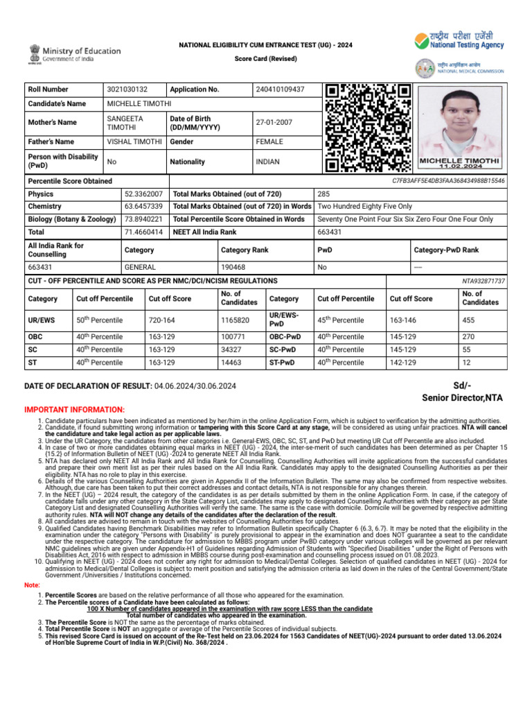 NEET UG 2024 Revised Score Card | PDF