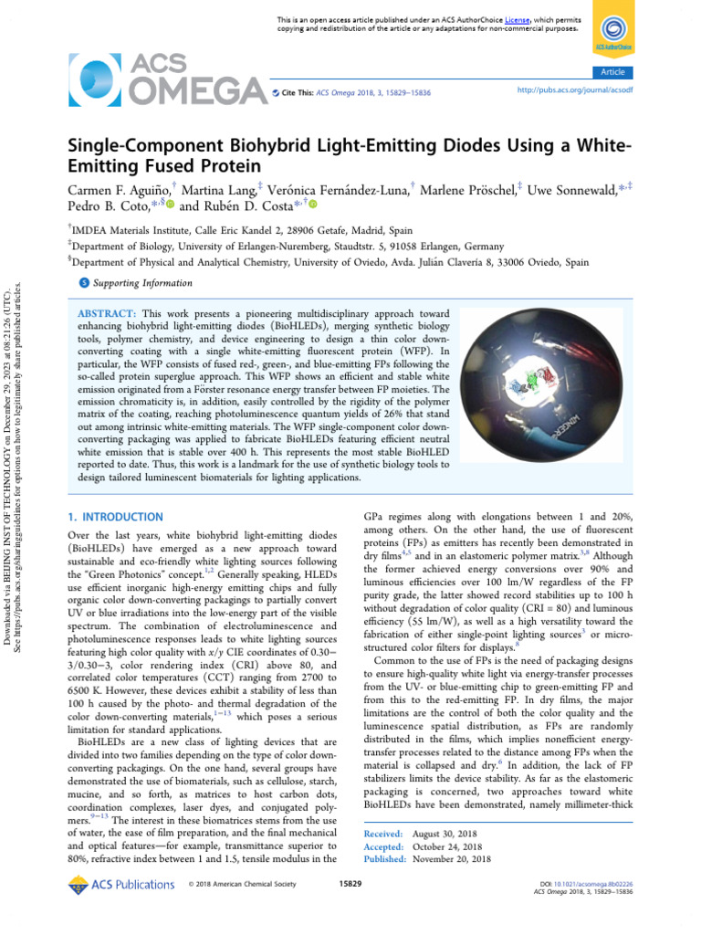 Aguiño Et Al 2018 Single Component Biohybrid Light Emitting Diodes ...