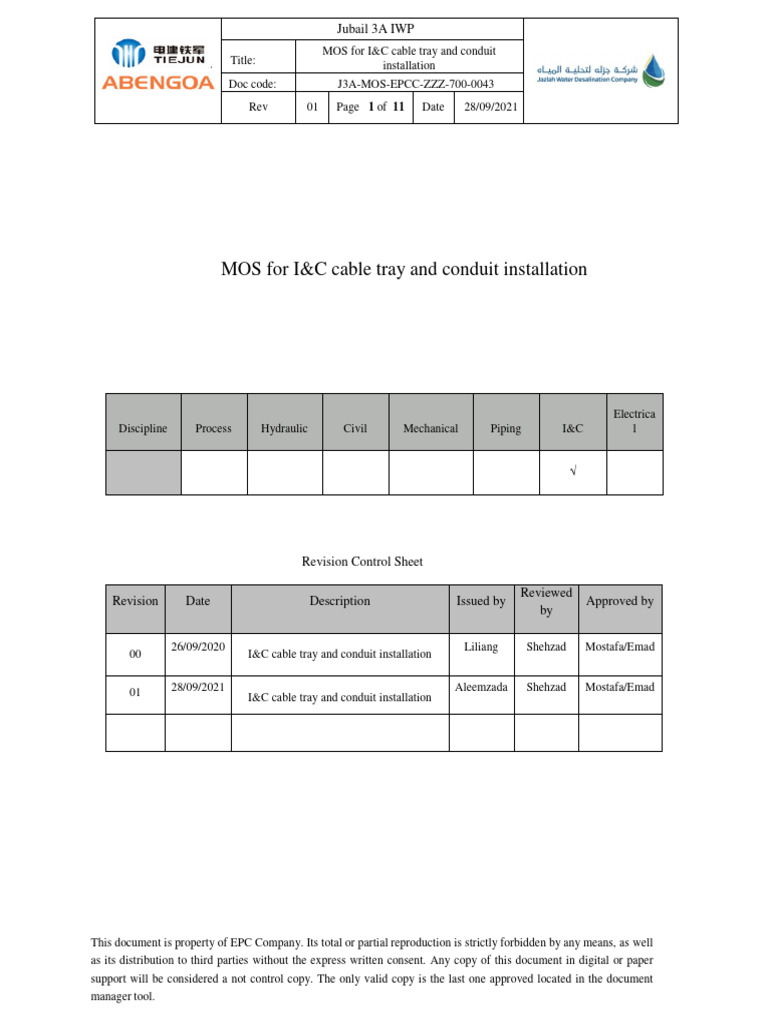 J3A-MOS-EPCC-ZZZ-700-0043 - Rev01 - MOS For I&C Cable Tray and Conduit Installation | PDF | Risk ...