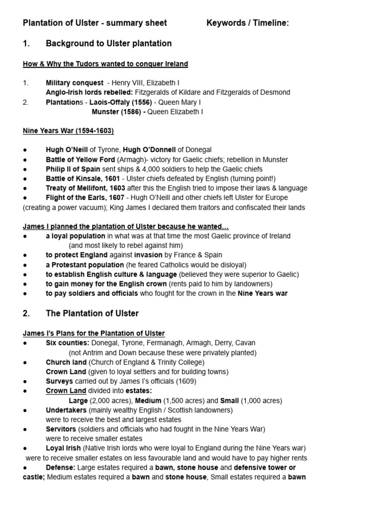 Plantation of Ulster Summary Sheet | PDF | Ulster | Early Modern Britain