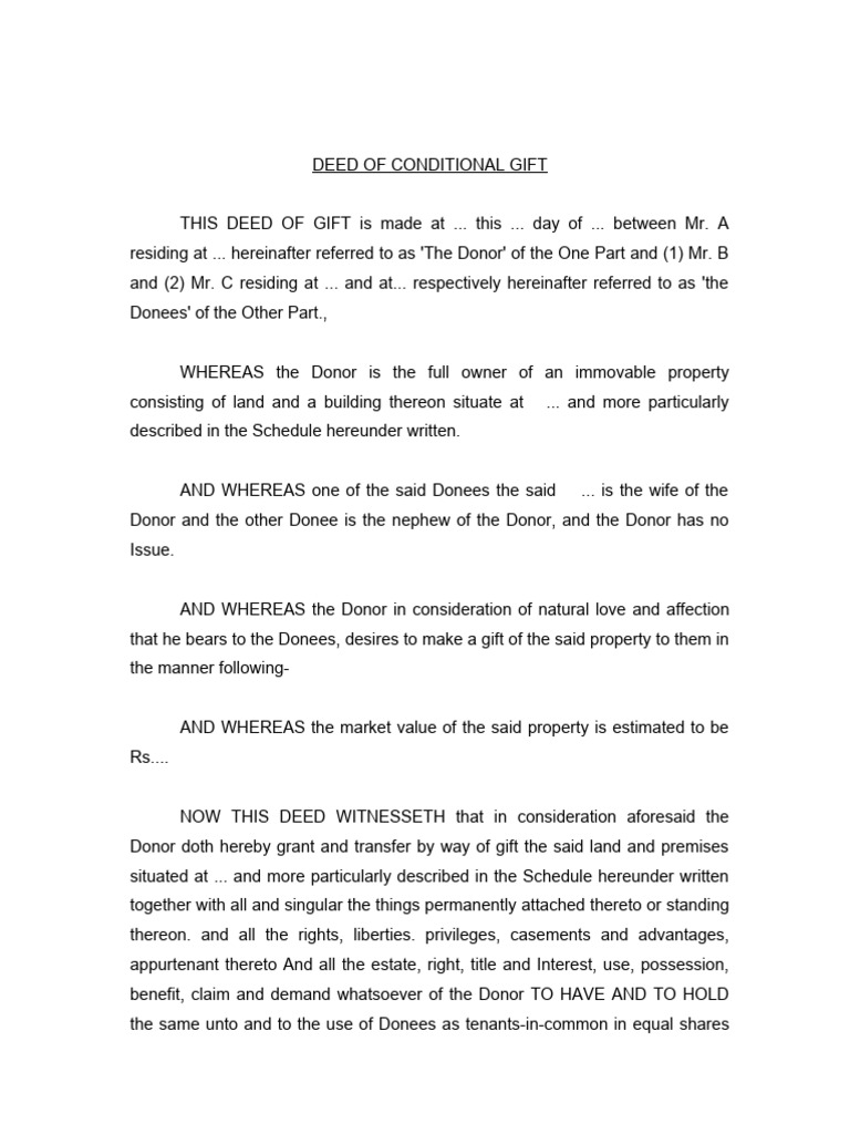 Conditional Gift Deed Template | PDF | Property | Civil Law (Common Law)