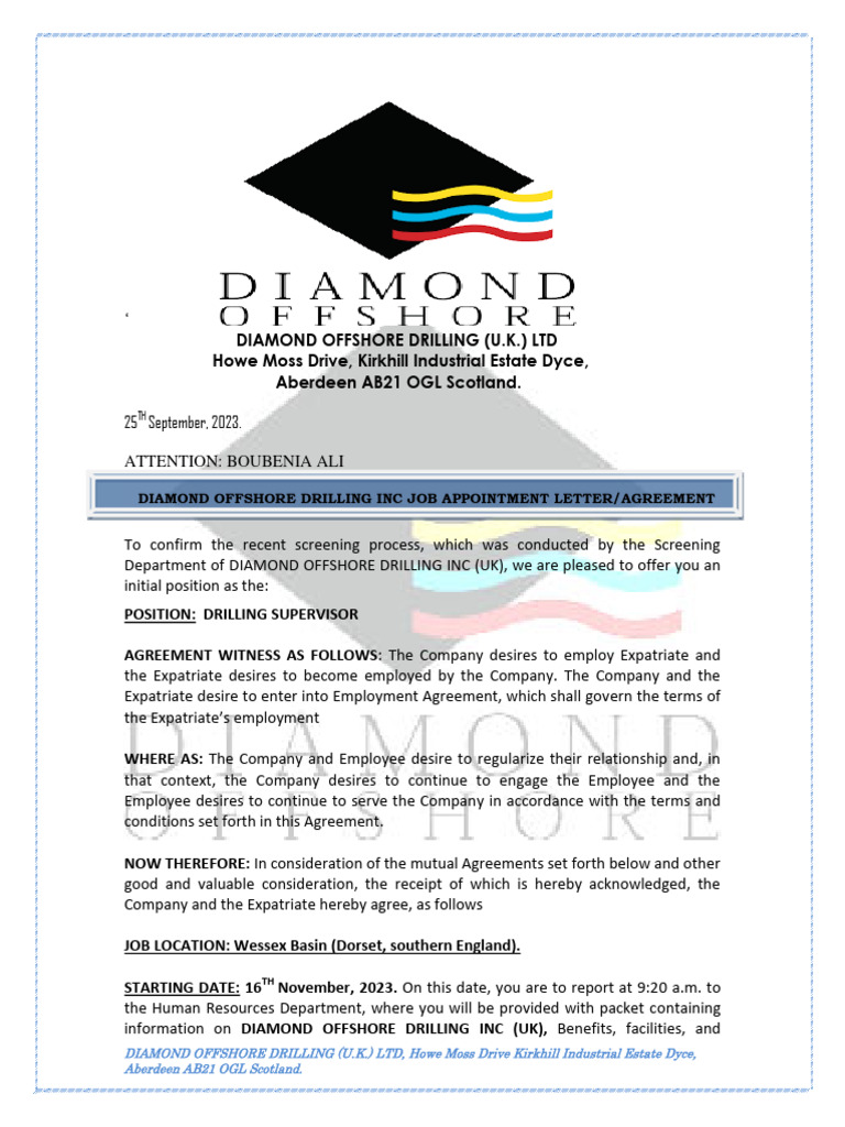Diamond Offshore Drilling Job Offer | PDF | Employment | Salary