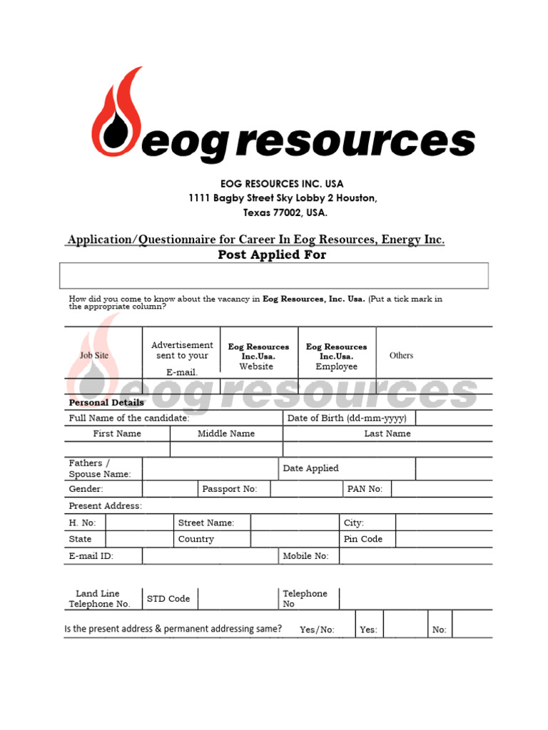 ApplicationQuestionnaire For Career in Eog Resources, Inc. | PDF | Employment