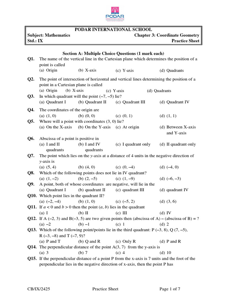 Qp Cb Ix Math Ch 3 Coordinate Geometrymain Download Free Pdf Cartesian Coordinate System