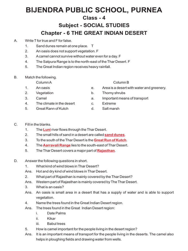 Class 4 Subject Social Studies Chapter 6 The Great Indian Desert | PDF ...