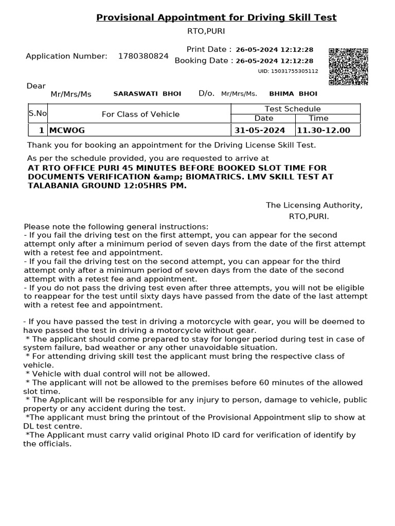 Provisional Appointment For Driving Skill Test: 1 Mcwog 31-05-2024 11. ...