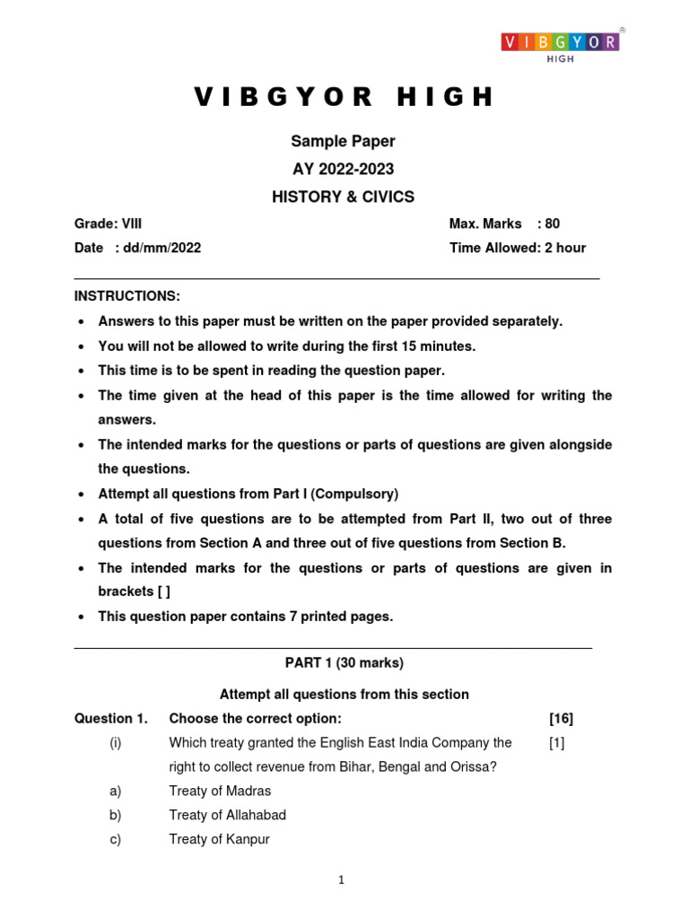 Grade 8 History Sample Paper 2022 | PDF | Indian Nationalism | British ...
