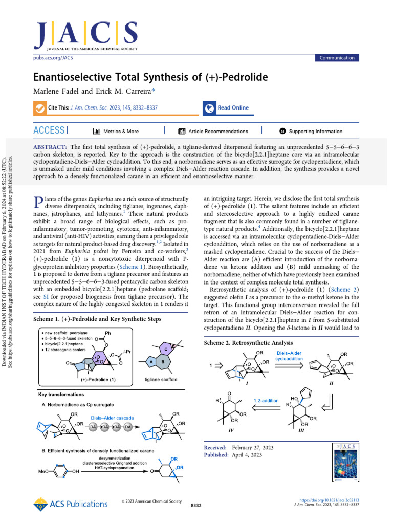 Fadel Carreira 2023 Enantioselective Total Synthesis of Pedrolide | PDF | Chemical Reactions ...
