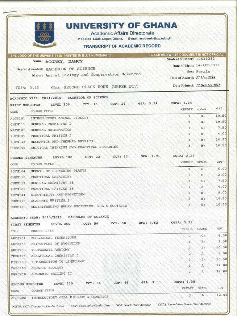 Nancy Aggrey's Degree Transcript | PDF