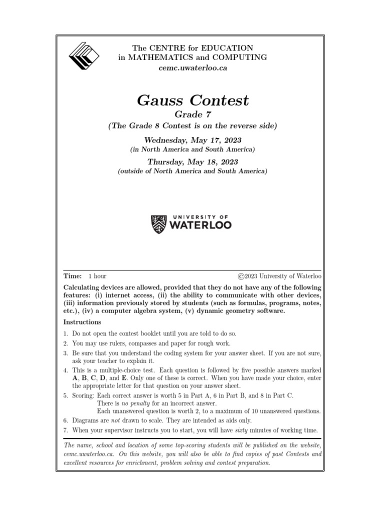 Gauss Combined G7 Contest | PDF | Area | Multiple Choice