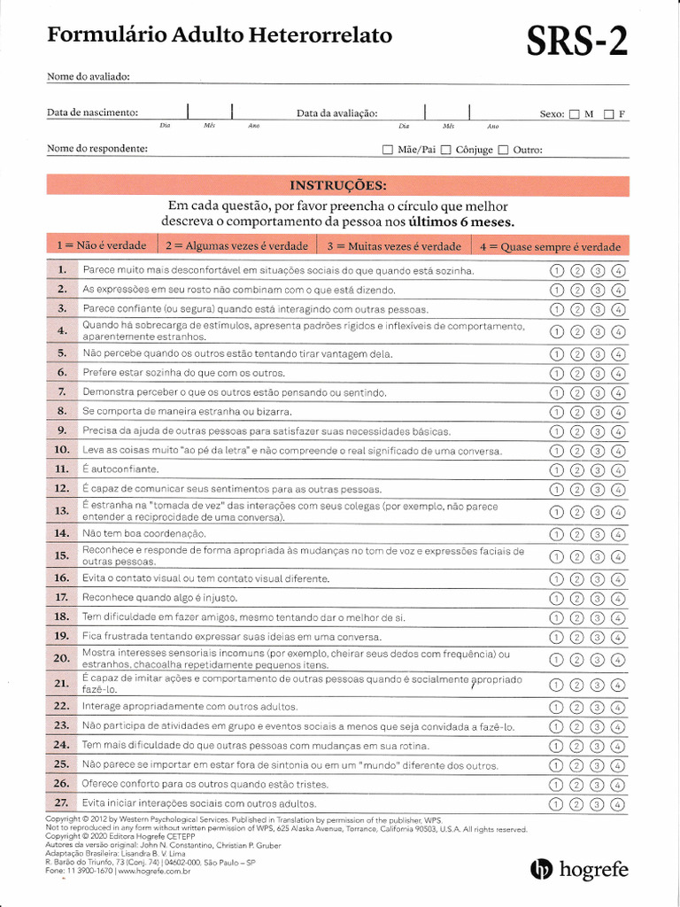 SRS 2 Formulario Adulto Heterorrelato | PDF | Psicologia | Ciências comportamentais