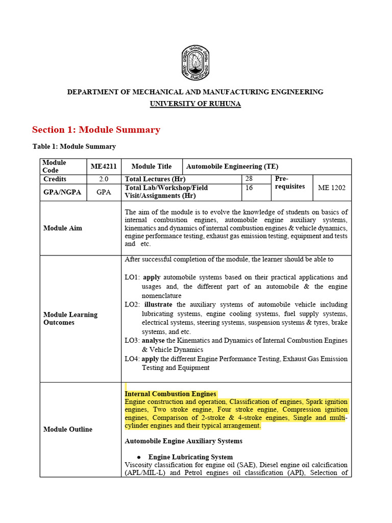 Section 1: Module Summary | PDF | Engines | Internal Combustion Engine