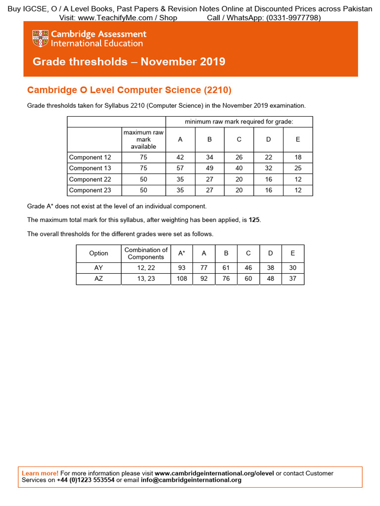 Grade Thresholds - November 2019: Cambridge O Level Computer Science (2210) | PDF