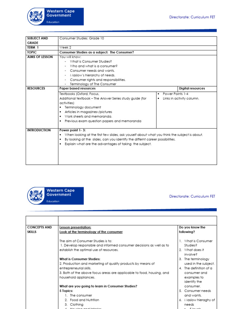 Consumer Studies Grade 10 T1 W2 - 2021 | PDF | Curriculum