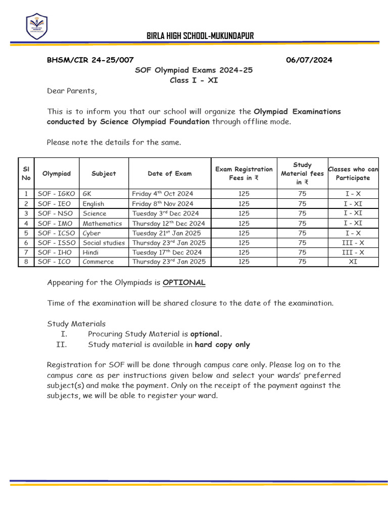 Circular For SOF 2024-25 | PDF | Computing