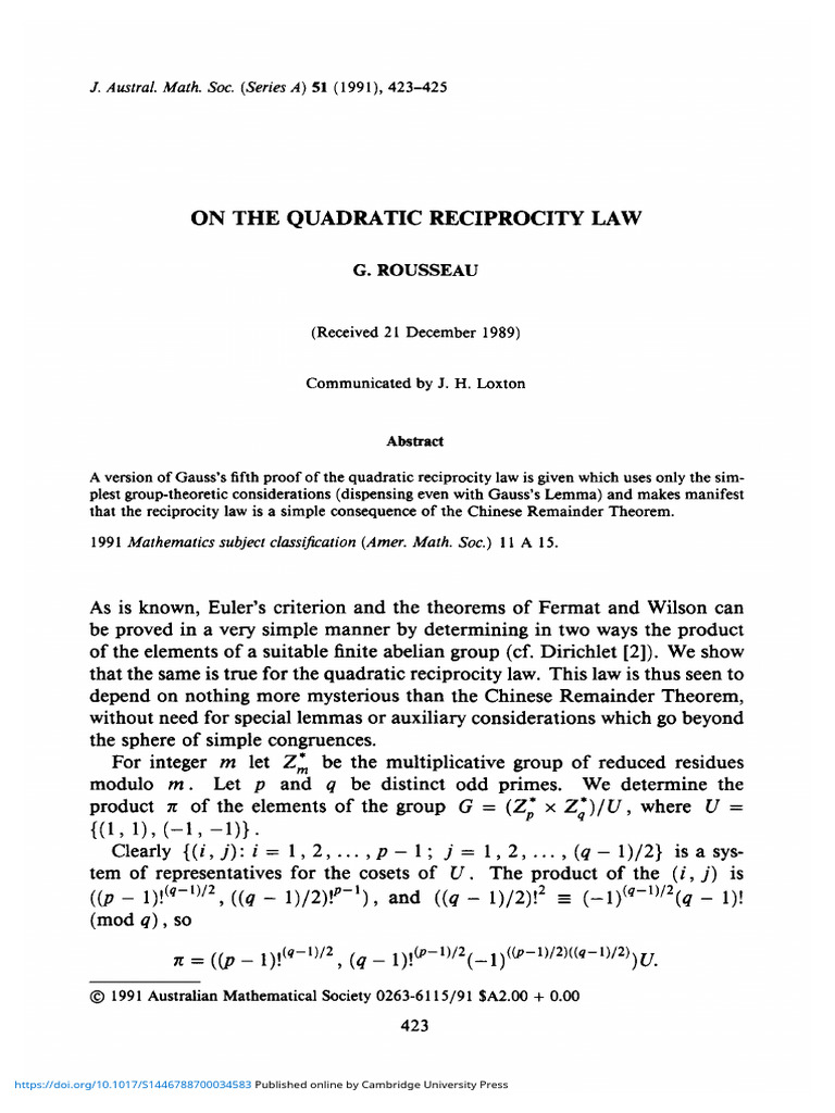 On The Quadratic Reciprocity Law | PDF | Group (Mathematics) | Group Theory