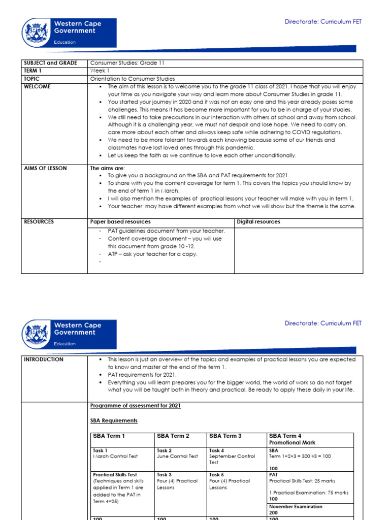 Consumer Studies Grade 11 T1 W1 - 2021 | PDF | Sewing | Curriculum