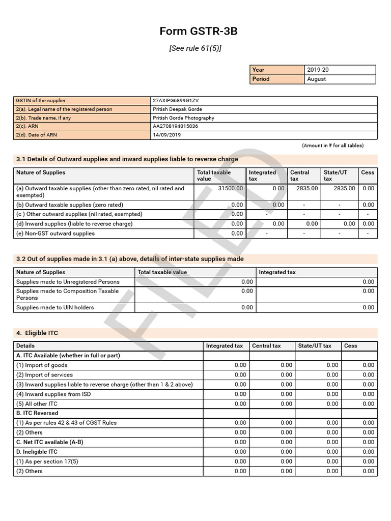GSTR3B 27axipg6899g1zv 082019 | PDF | Taxes | Government Finances