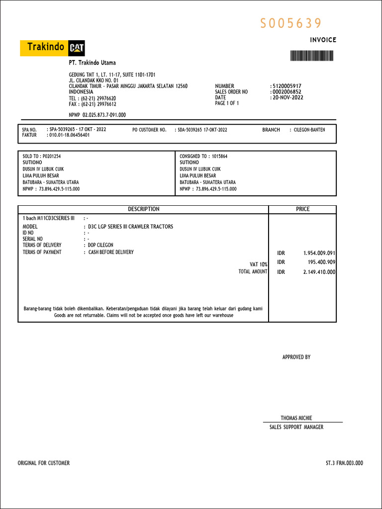 Sample Invoice CAT D3C Series III | PDF