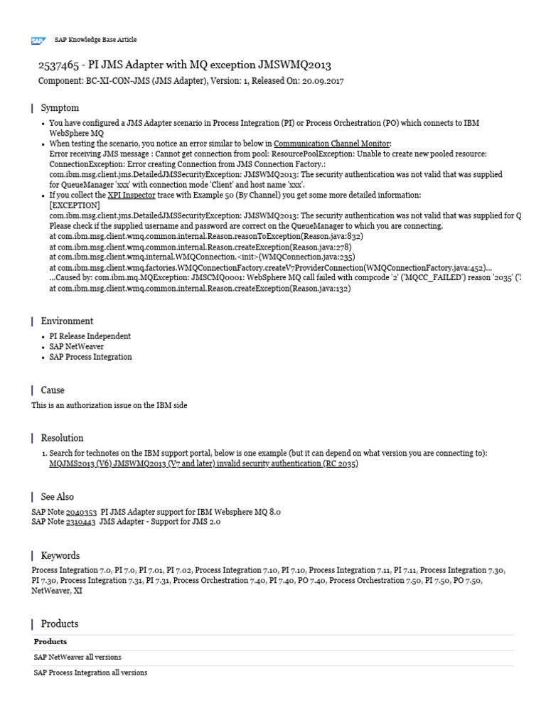 PI JMS Adapter With MQ Exception JMSWMQ2013: Symptom | PDF | Computer Science | Computing