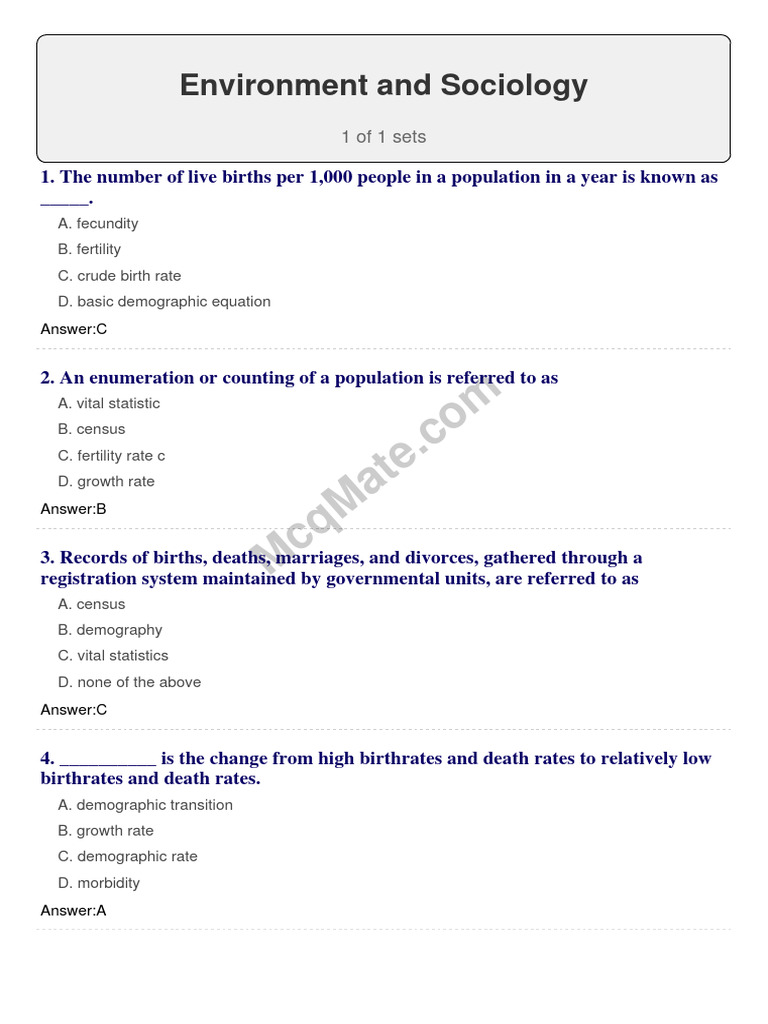 Environment and Sociology MCQs Guide | PDF | Demography | Birth Rate