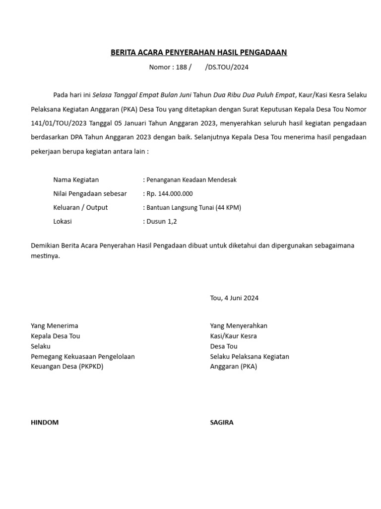 Berita Acara Pengadaan Desa Tou 2024 | PDF | Pengelolaan Keuangan & Uang