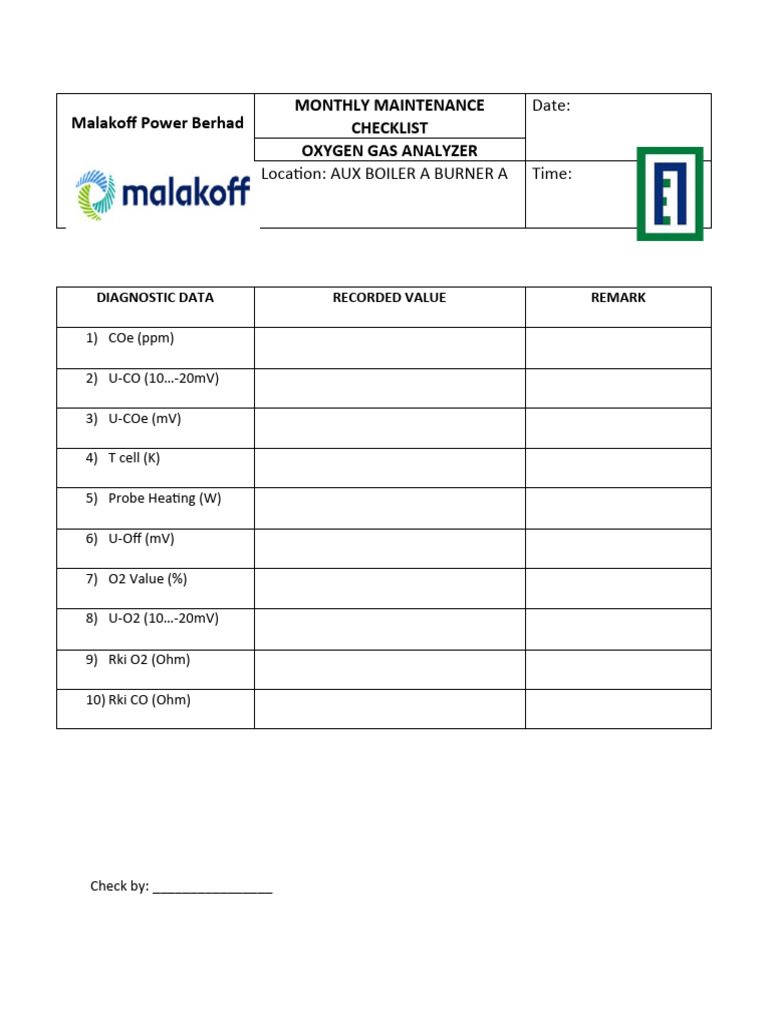 Monthly Oxygen Gas Analyzer Checklist - Malakoff Power Berhad | PDF