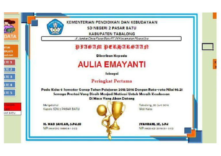 Format Piagam Penghargaan Juara Kelas 57 | PDF