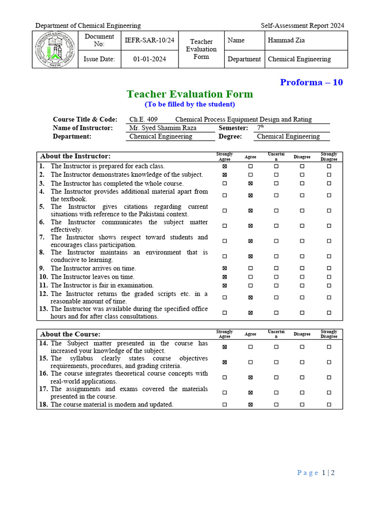 Design Proforma 10 Teacher Evaluation Form 1 | PDF | Teachers | Learning